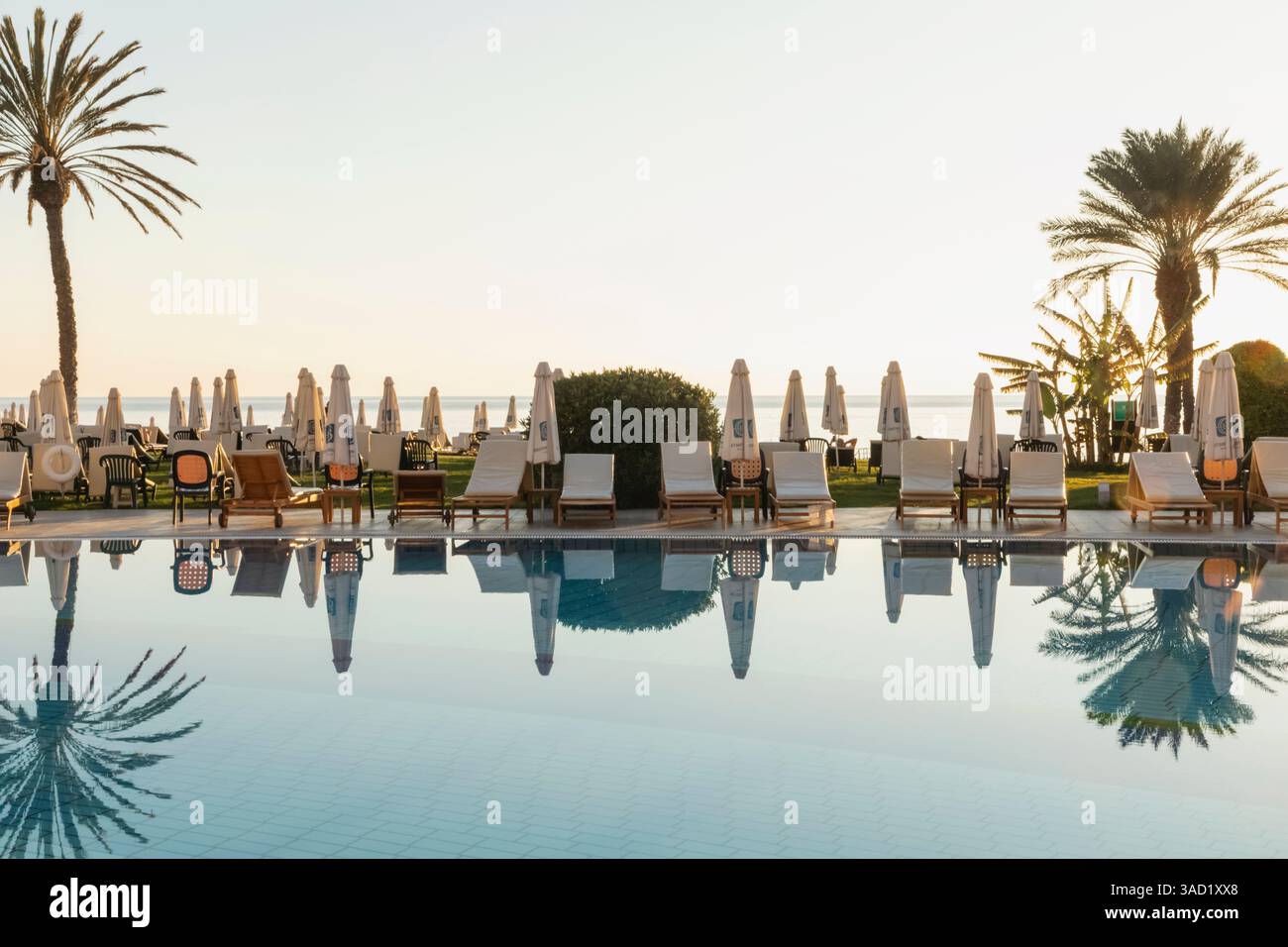 Cyprus, Paphos, Constaninou Bros Hotel, Swimming Pool and Empty Deck ...