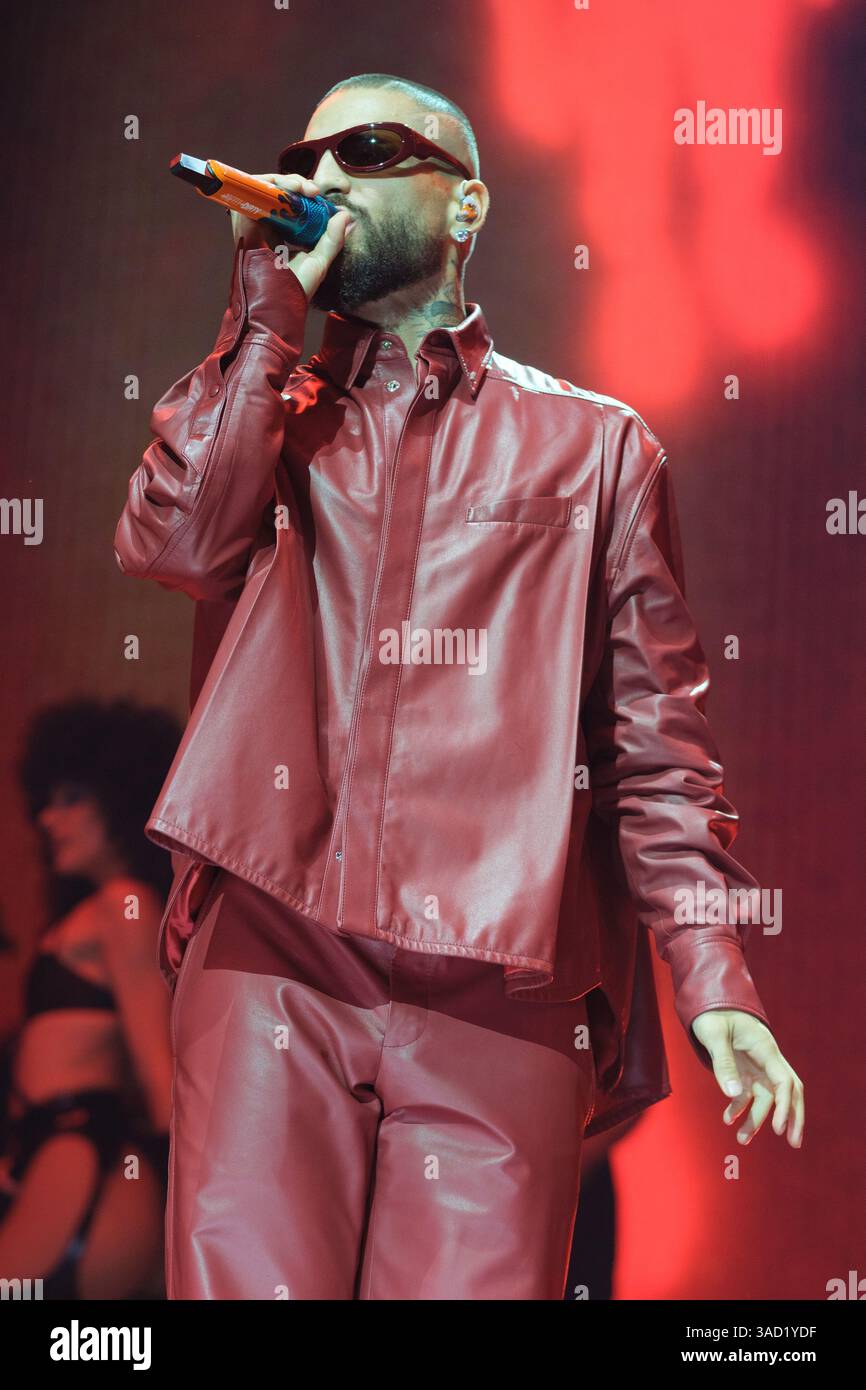 Maluma performs on stage at Movistar Arena on April 04, 2025 in Madrid ...