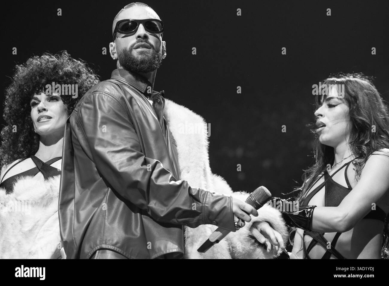 Maluma performs on stage at Movistar Arena on April 04, 2025 in Madrid ...