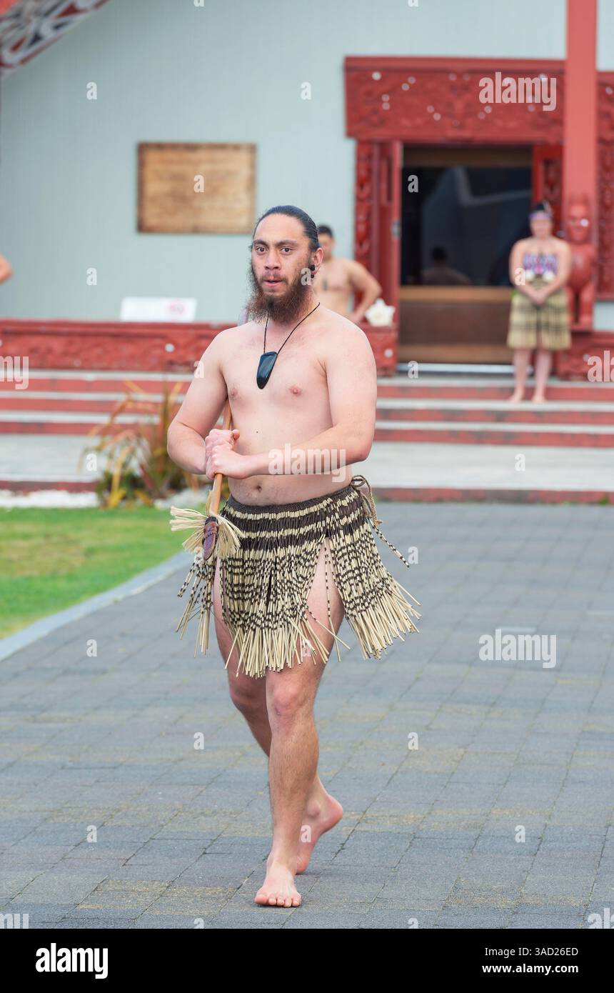 Maori welcome dance performance, Te Puia, Rotorua, Bay of Plenty, North ...