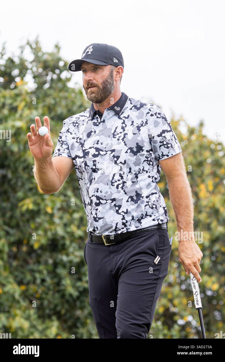Captain Dustin Johnson of 4Aces GC reacts to his putt on the seventh ...