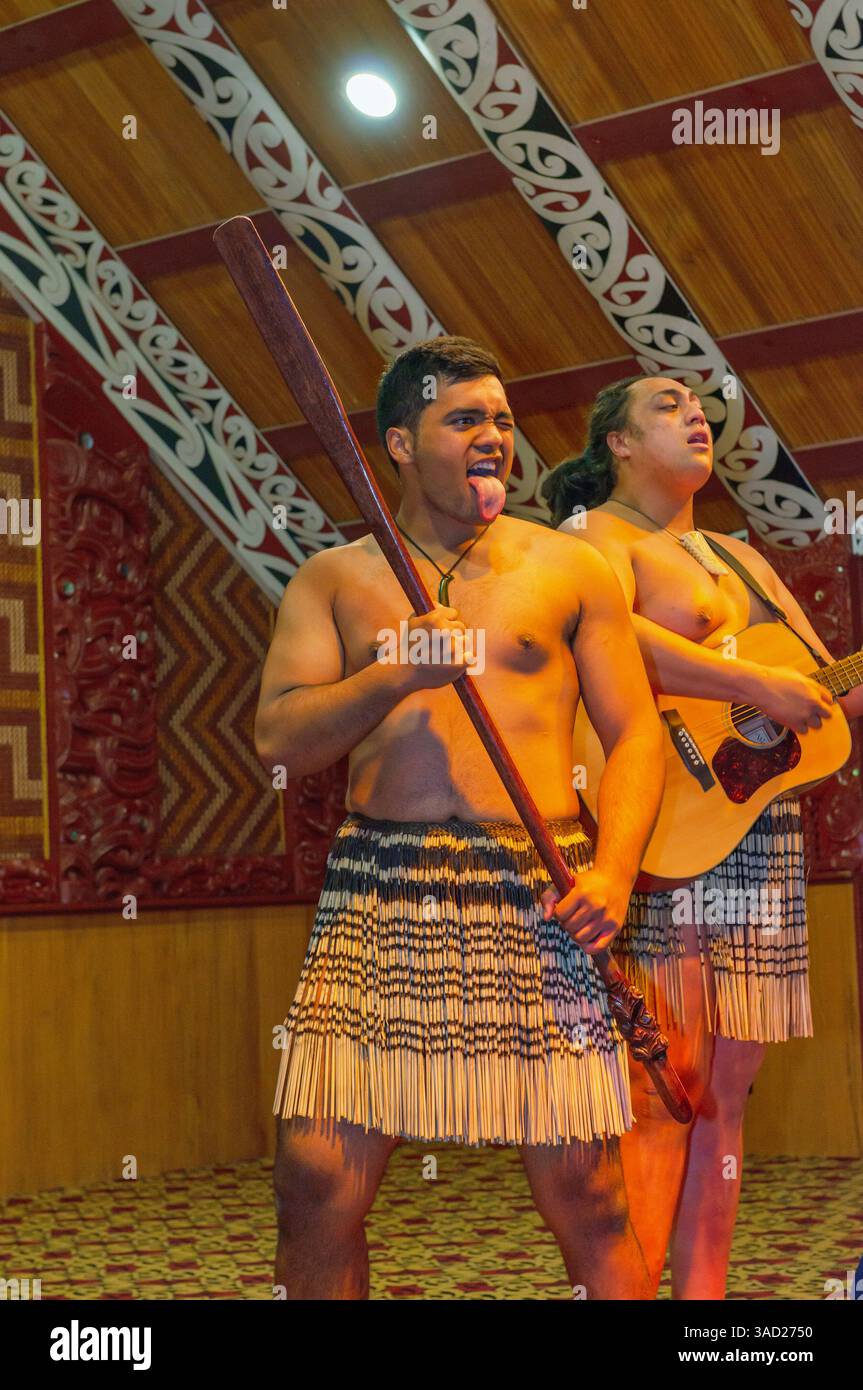 Maori welcome dance performance, Te Puia, Rotorua, Bay of Plenty, North ...