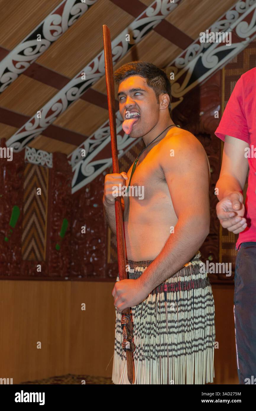 Maori welcome dance performance, Te Puia, Rotorua, Bay of Plenty, North ...