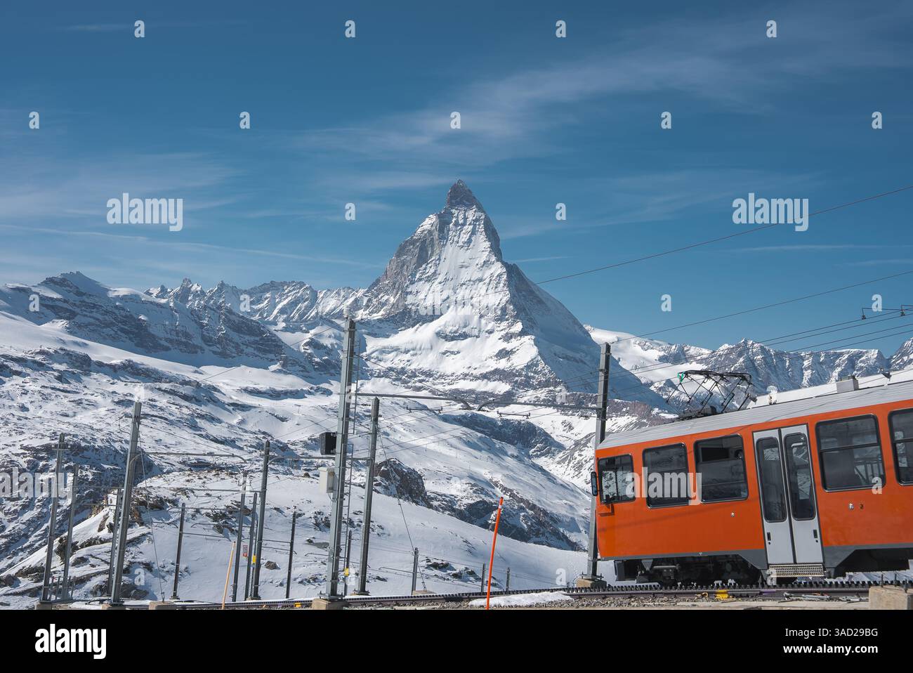 Matterhorn Mountain with Gornergrat Railway Train in Zermatt Stock ...