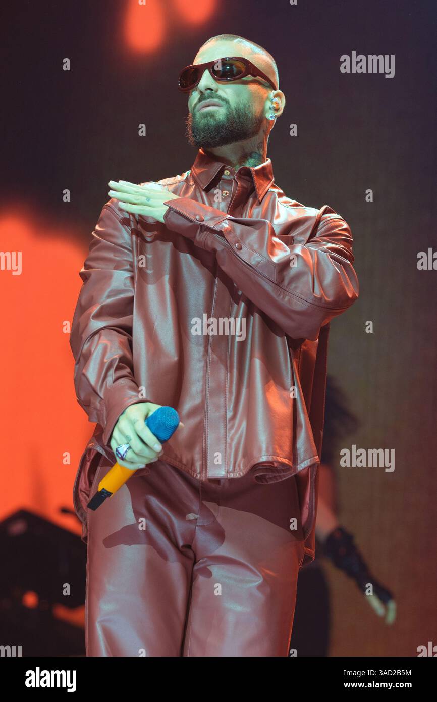 Maluma performs on stage at Movistar Arena on April 04, 2025 in Madrid ...