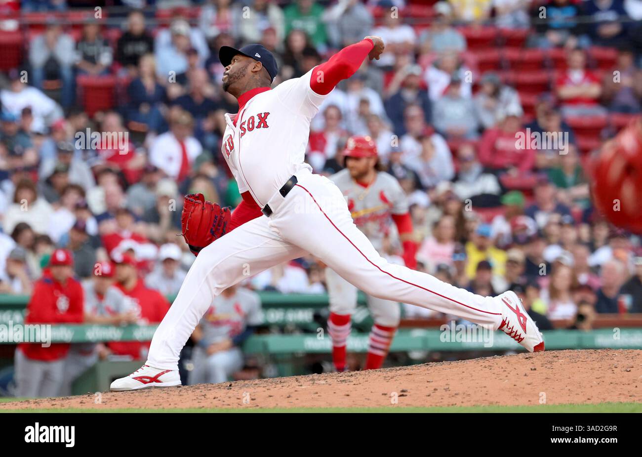 Boston Red Sox pitcher Aroldis Chapman throws from the mound during the ...