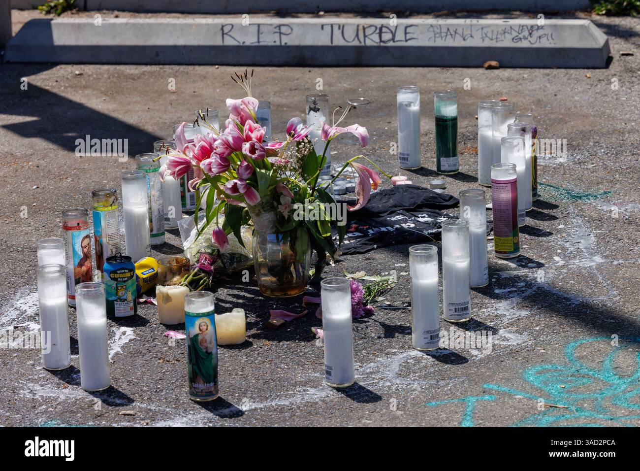 Venice, California, USA. 4th Apr, 2025. People sit near a makeshift ...