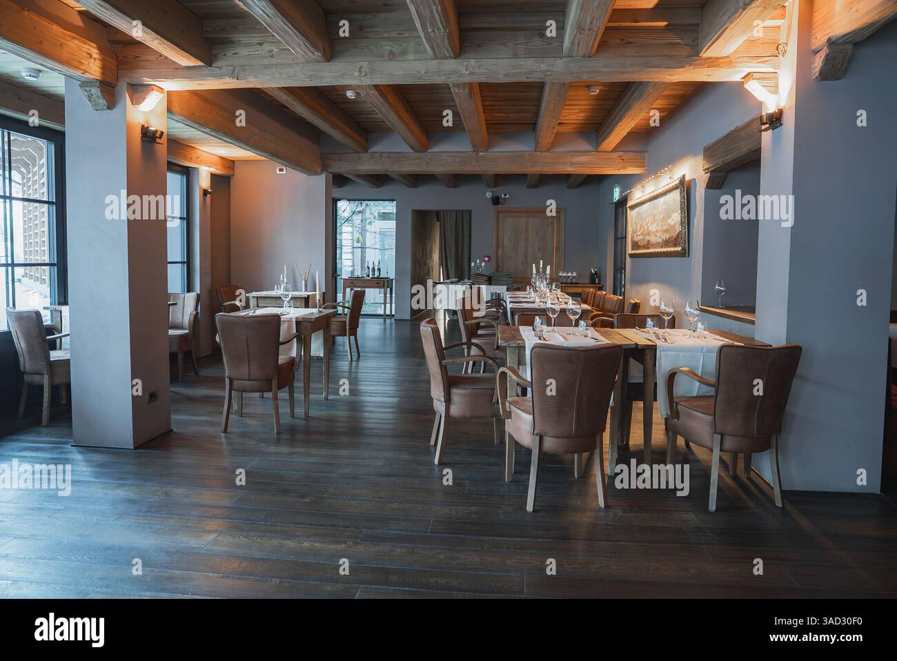 Luxury Hotel Restaurant Interior with Wooden Beams in Zermatt Stock ...