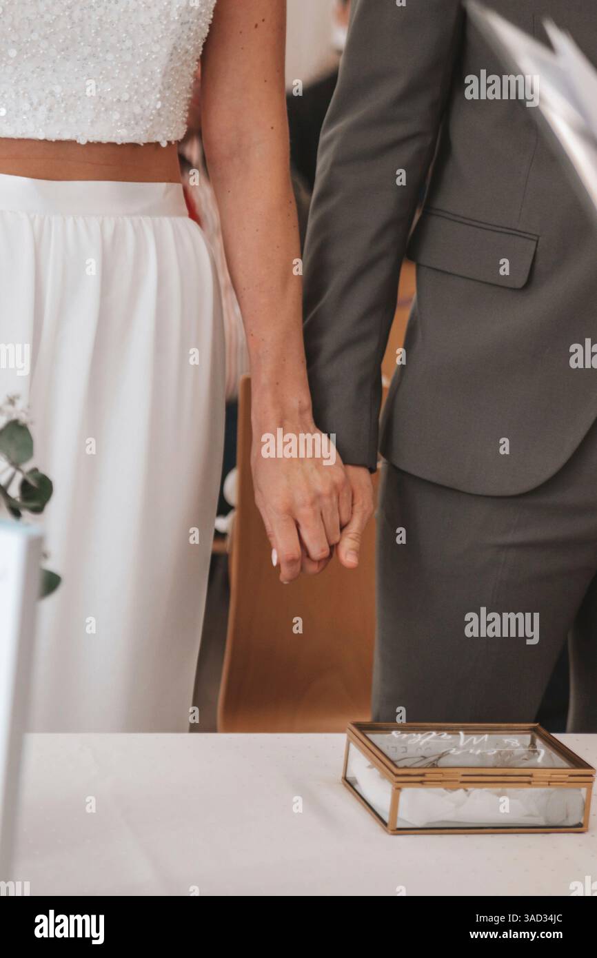 Bridal couple in the registry office, hand in hand, close-up, detail ...