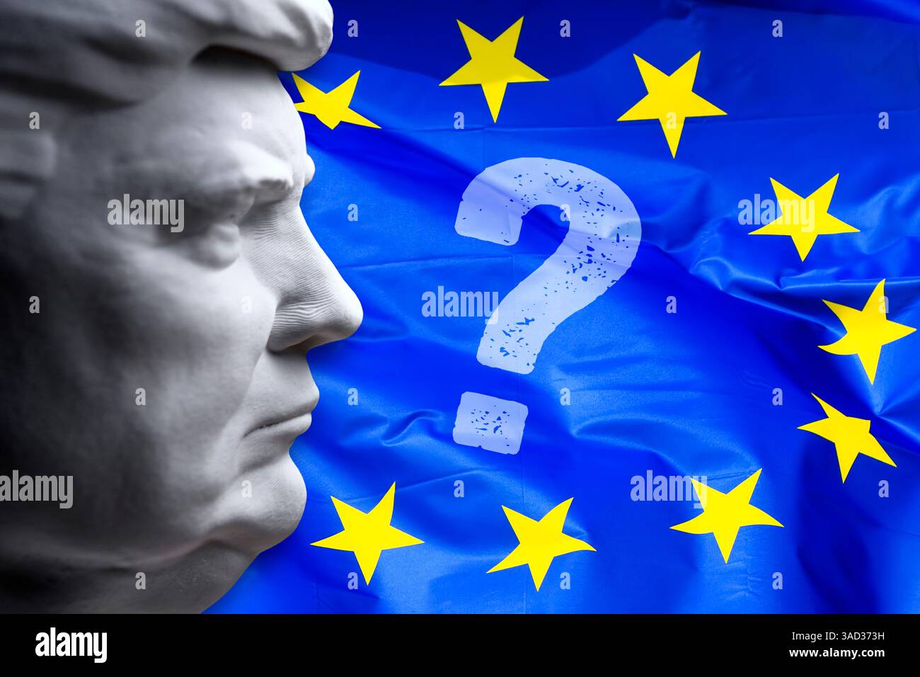 Bust of US President Donald Trump in profile in front of EU flag with ...
