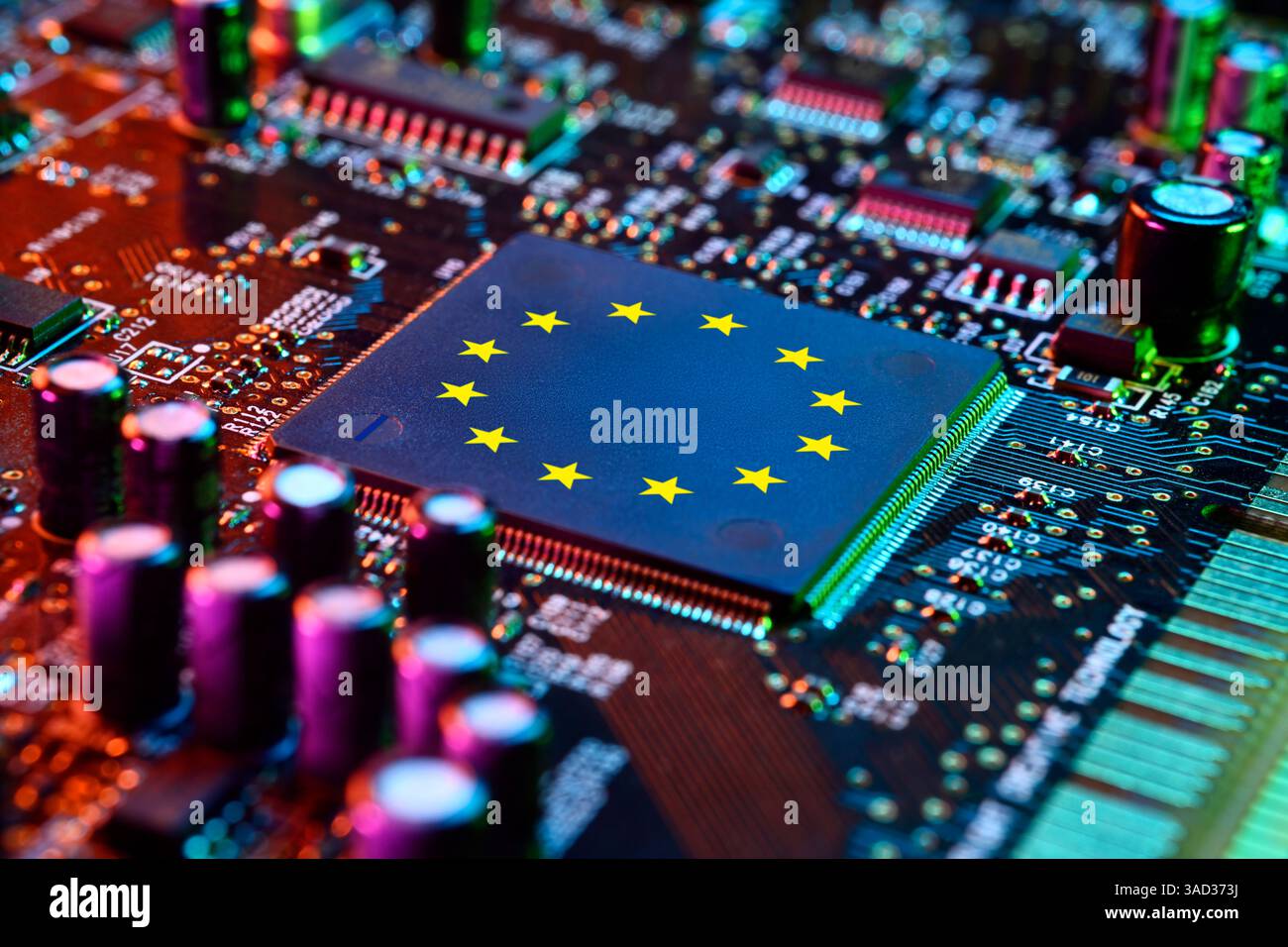 Computer chip with European flag, AI Act, AI regulation, photomontage ...