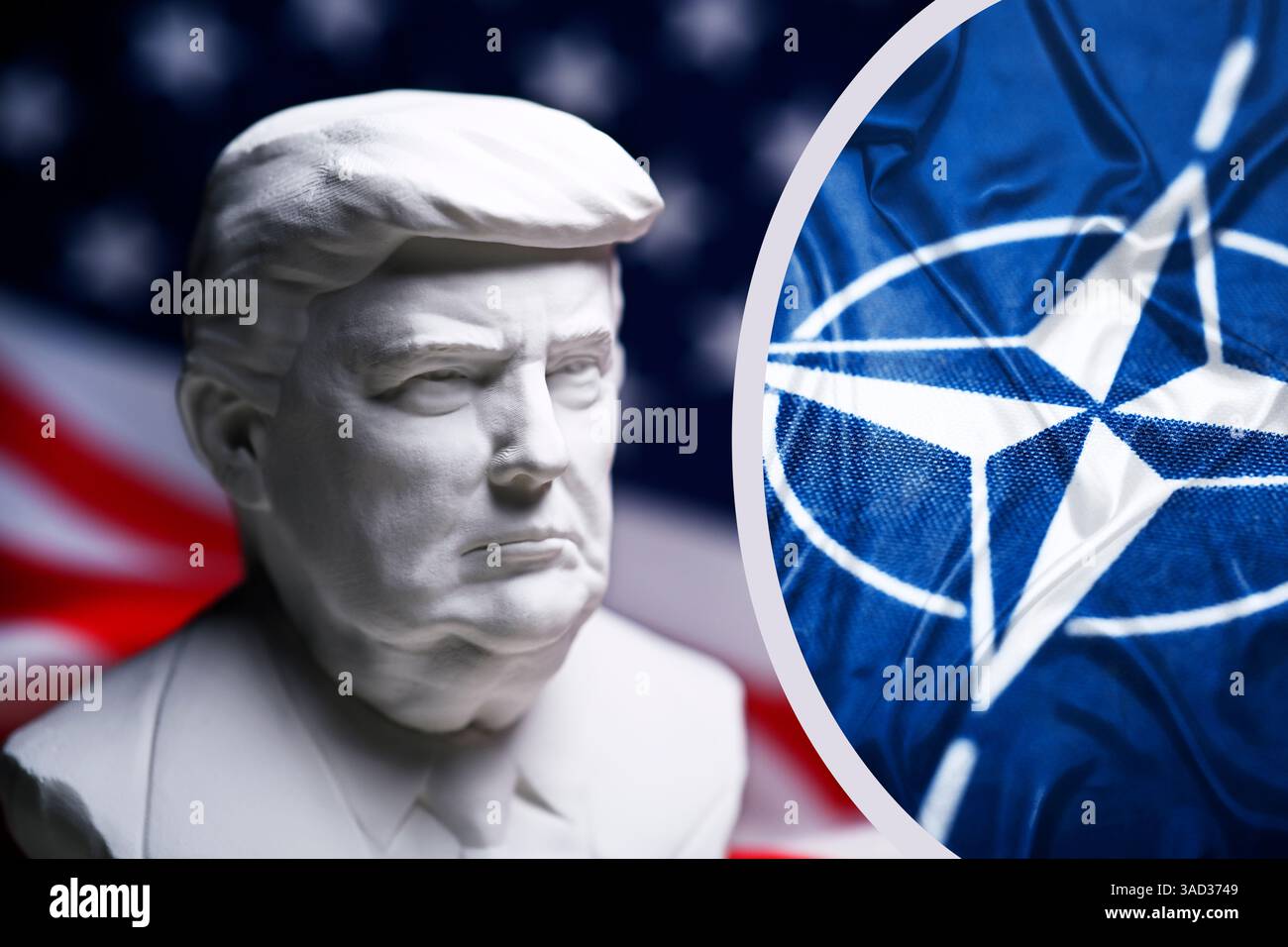Bust of US President Donald Trump in front of US and NATO flag ...
