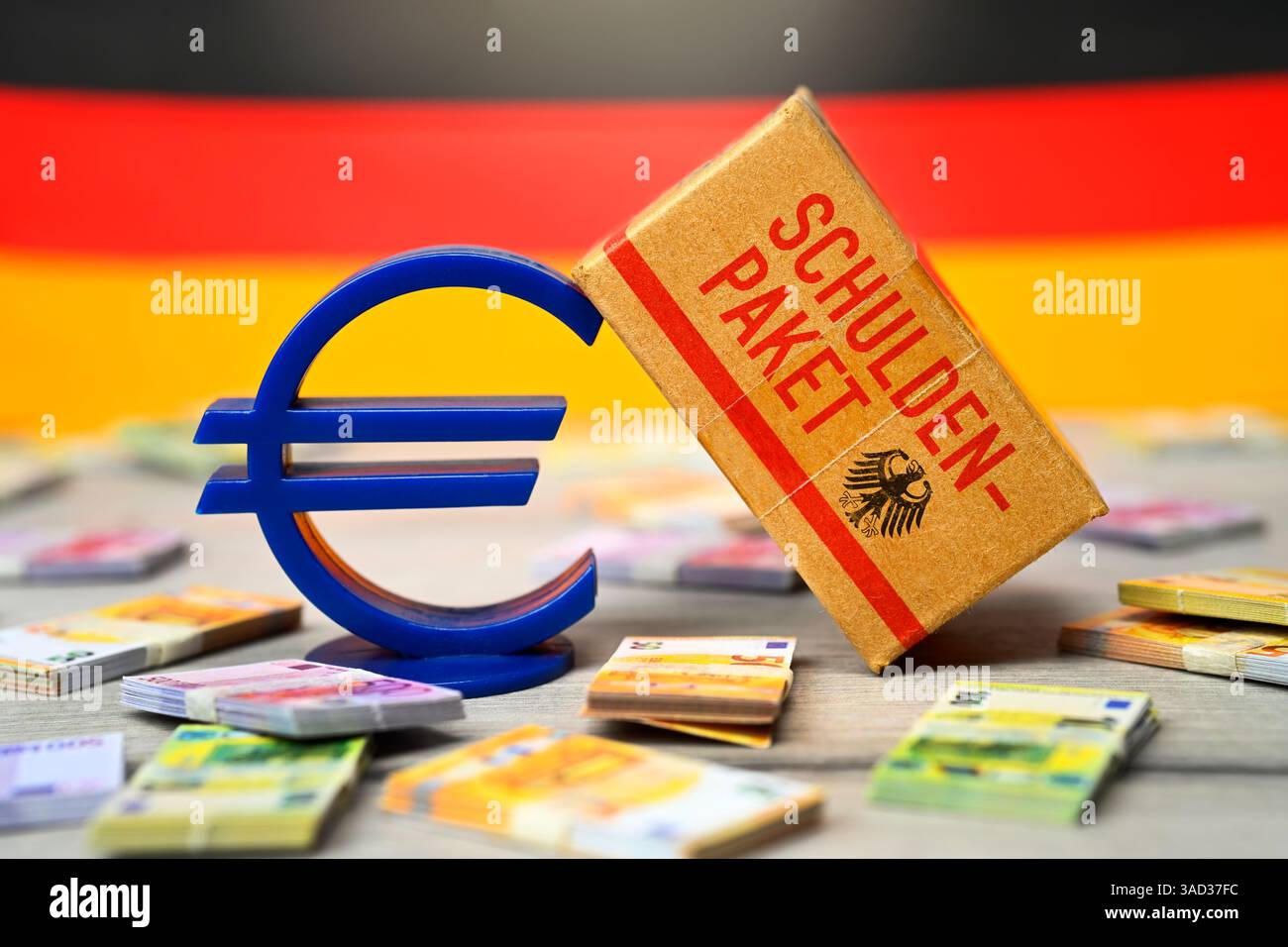 Euro sign and package with inscription debt package, symbol photo ...