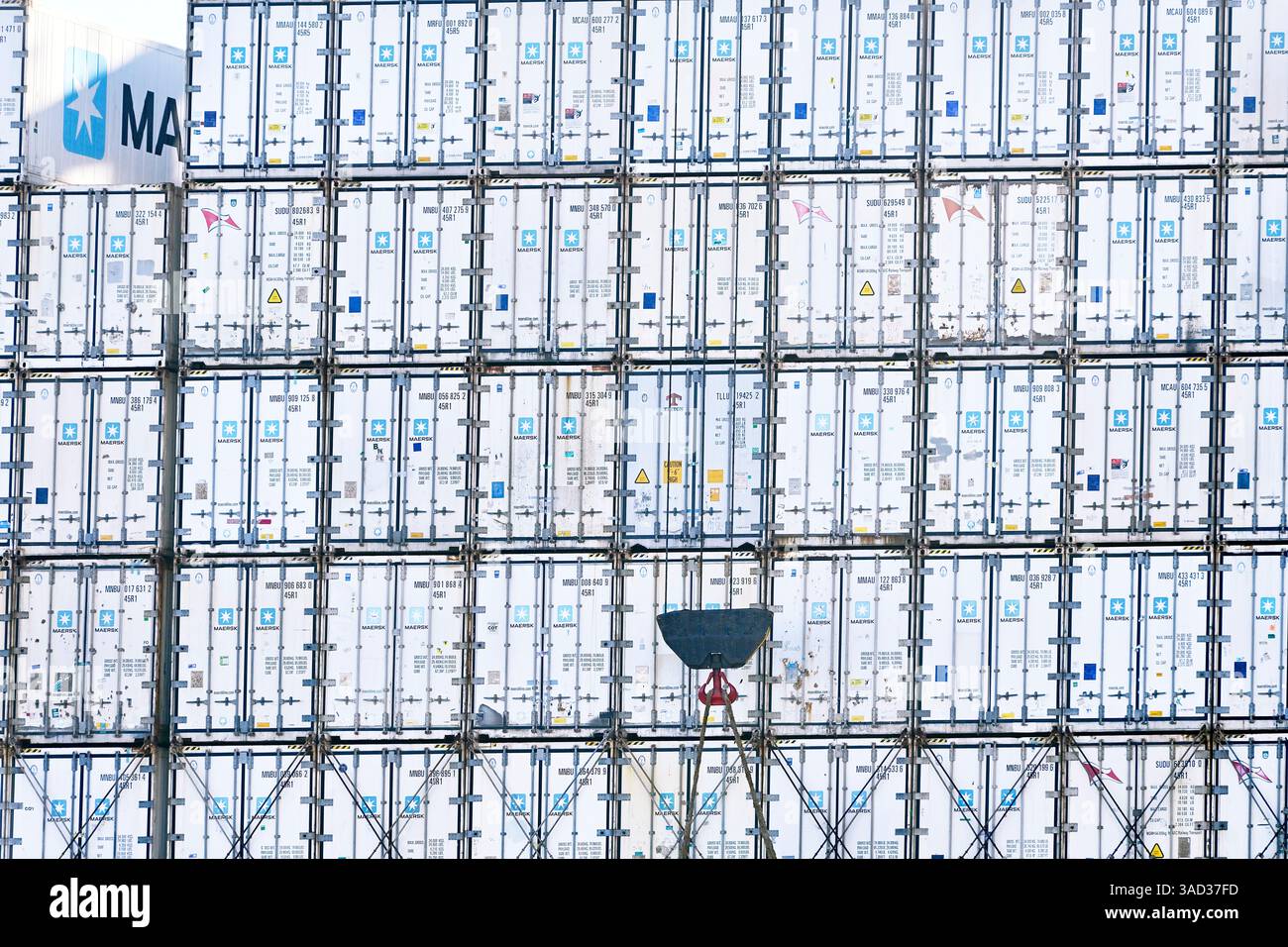 Stacked containers of the Danish logistics company Maersk on a ...