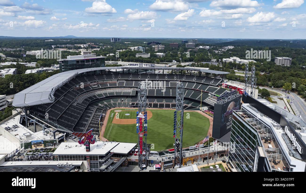 An aerial view of Truist Park showcases a modern baseball stadium ...