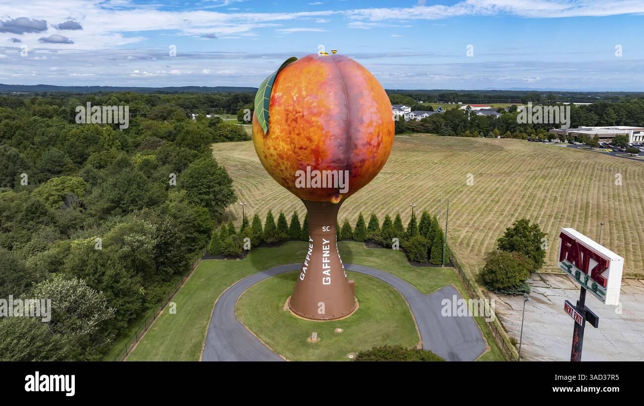 The Peachoid, a 135-foot water tower in Gaffney, SC, resembles a peach ...