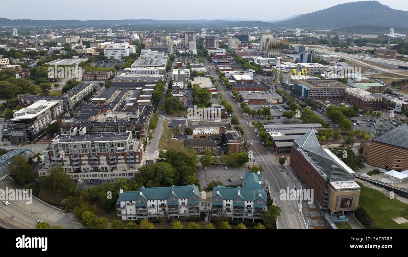An aerial view of Chattanooga showcases the city's location along the ...