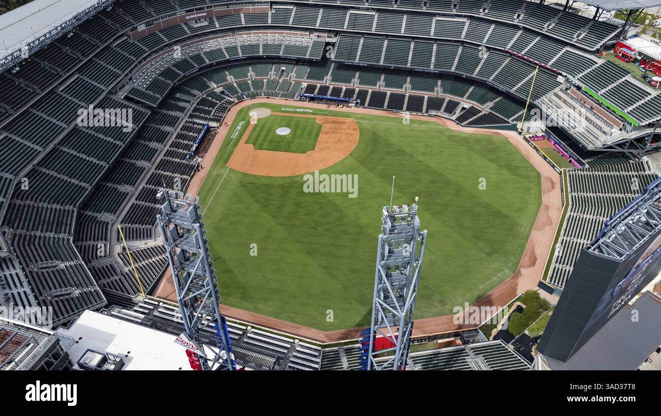An aerial view of Truist Park showcases a modern baseball stadium ...