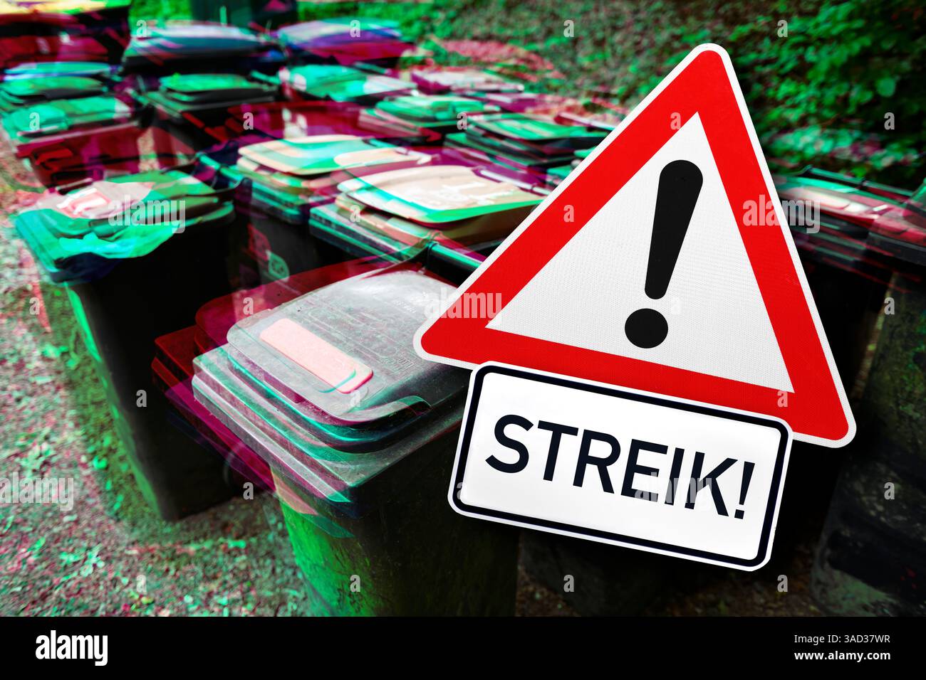 Sign with exclamation mark and inscription Strike in front of garbage ...