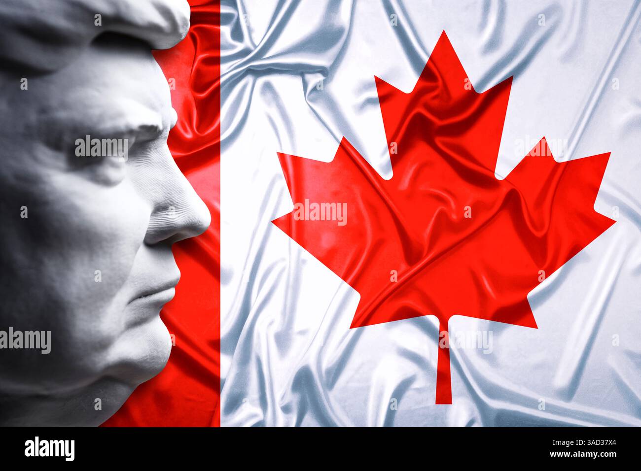 Bust of US President Donald Trump in profile in front of the flag of ...