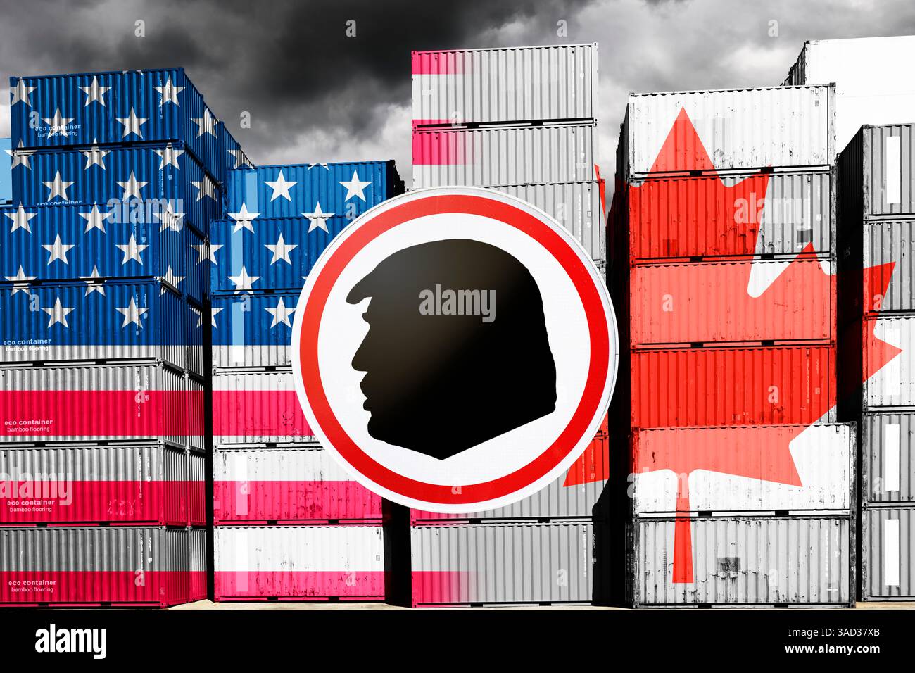 Customs sign with profile of Donald Trump in front of stacked ...