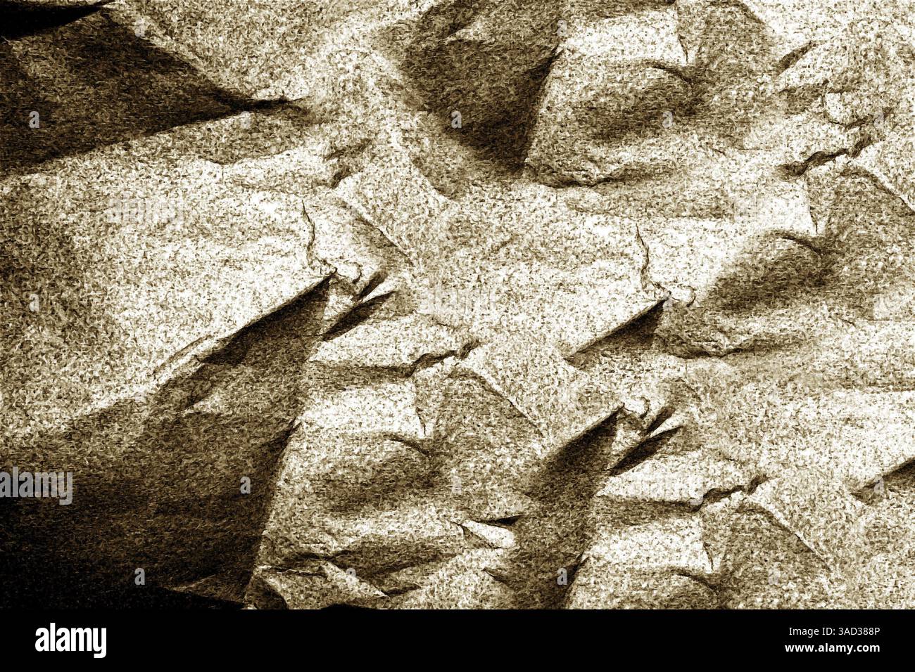 Crumpled paper forms an abstract textured background, illuminated with ...