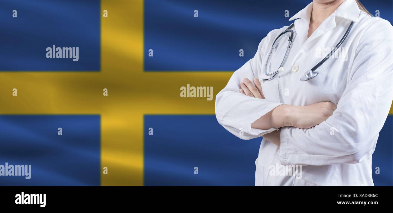 Doctor with crossed arms on Swedish flag. Sweden health and care ...