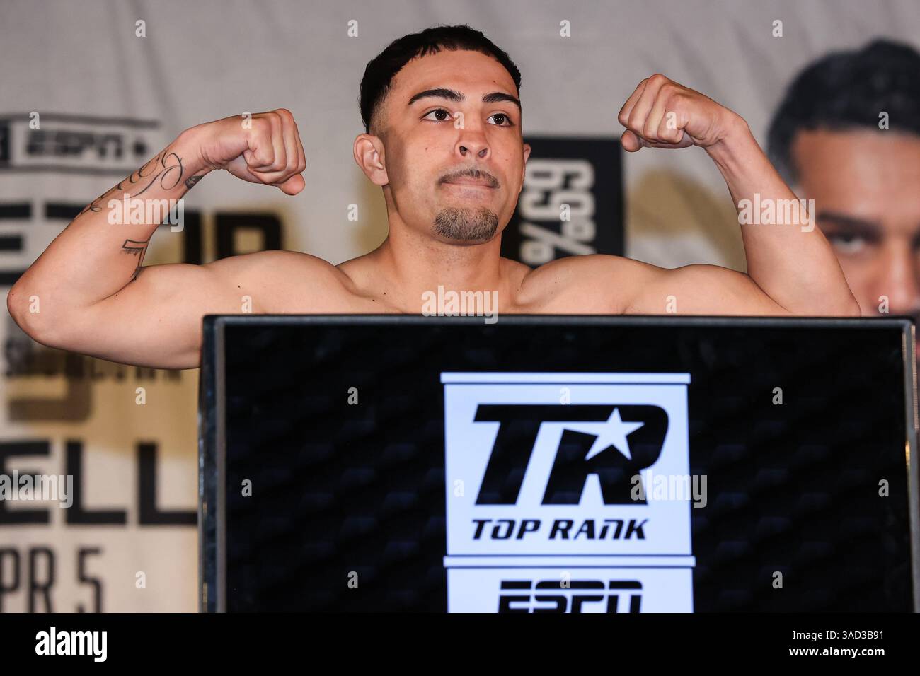 Las Vegas, NV, USA. 4th Apr, 2025. Junior Welterweight Robert Jimenez poses on stage during ...