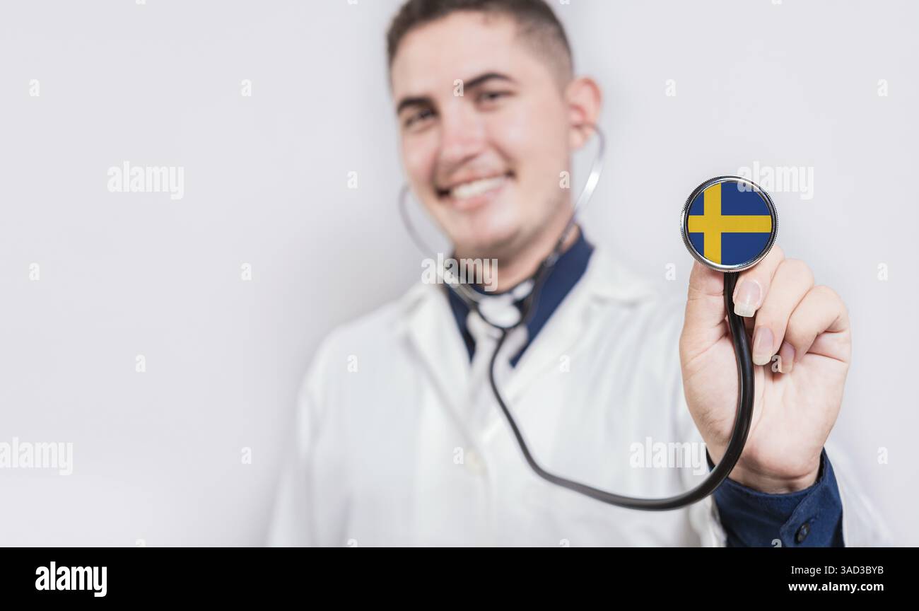 Doctor showing stethoscope with Swedish flag. Sweden national ...