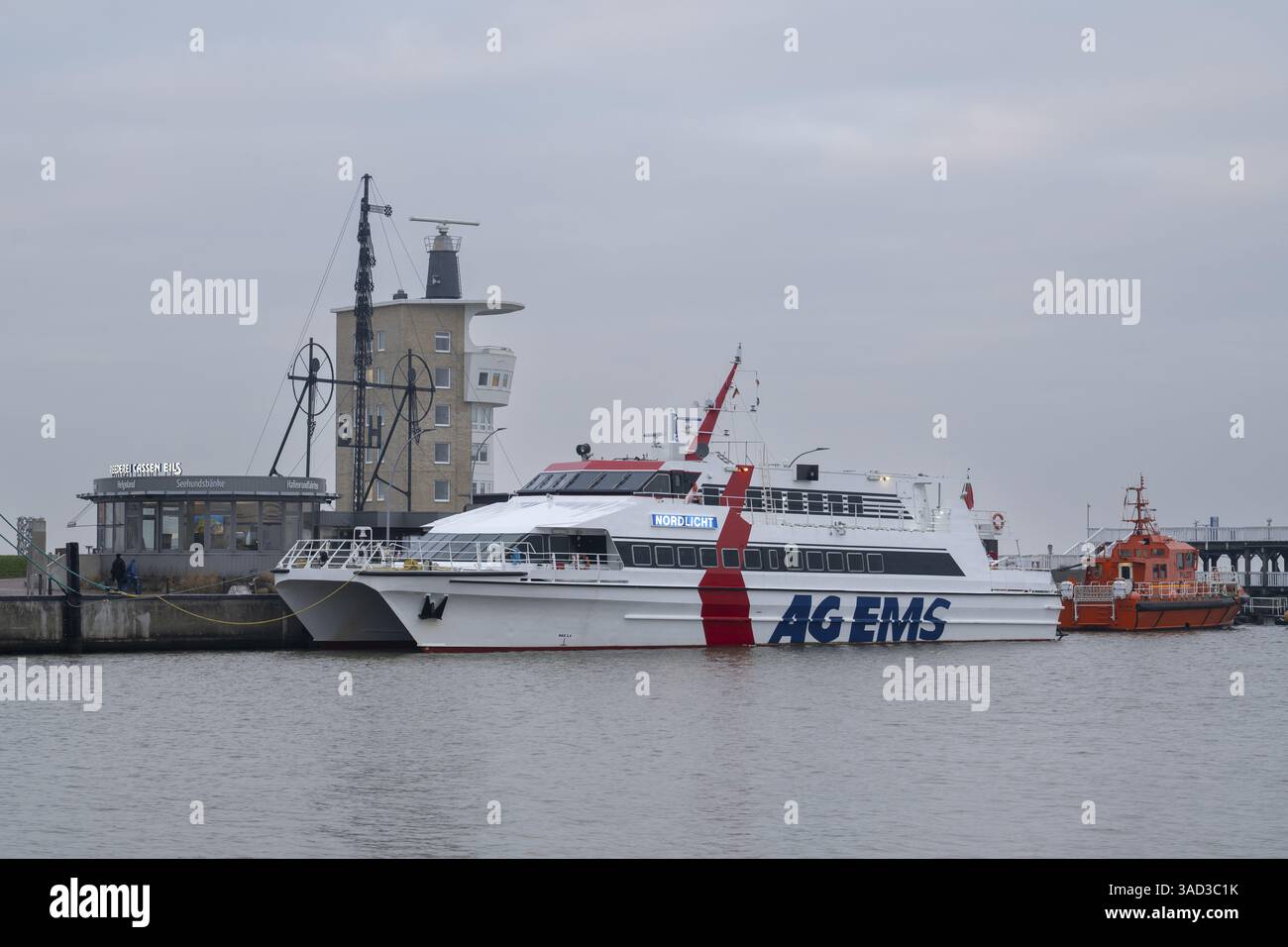 Excursion boat, Semaphore, Radar tower, Old harbour, Elbe, Cuxhaven ...