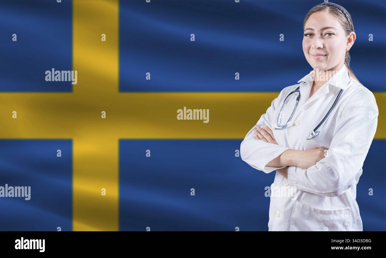Female doctor on Swedish flag. Doctor with crossed arms on Swedish flag ...