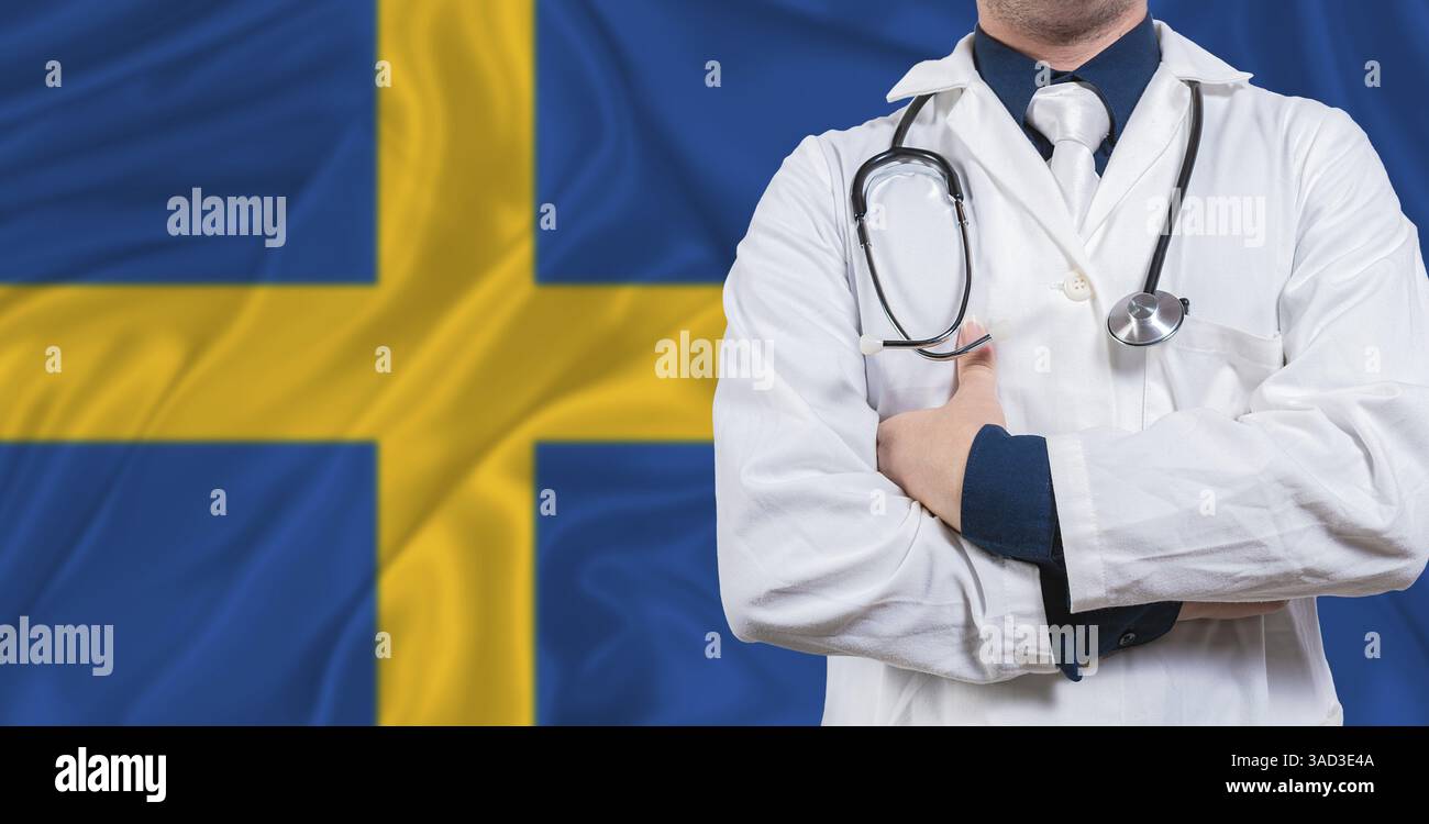 Male doctor with stethoscope on Swedish flag. Doctor holding ...