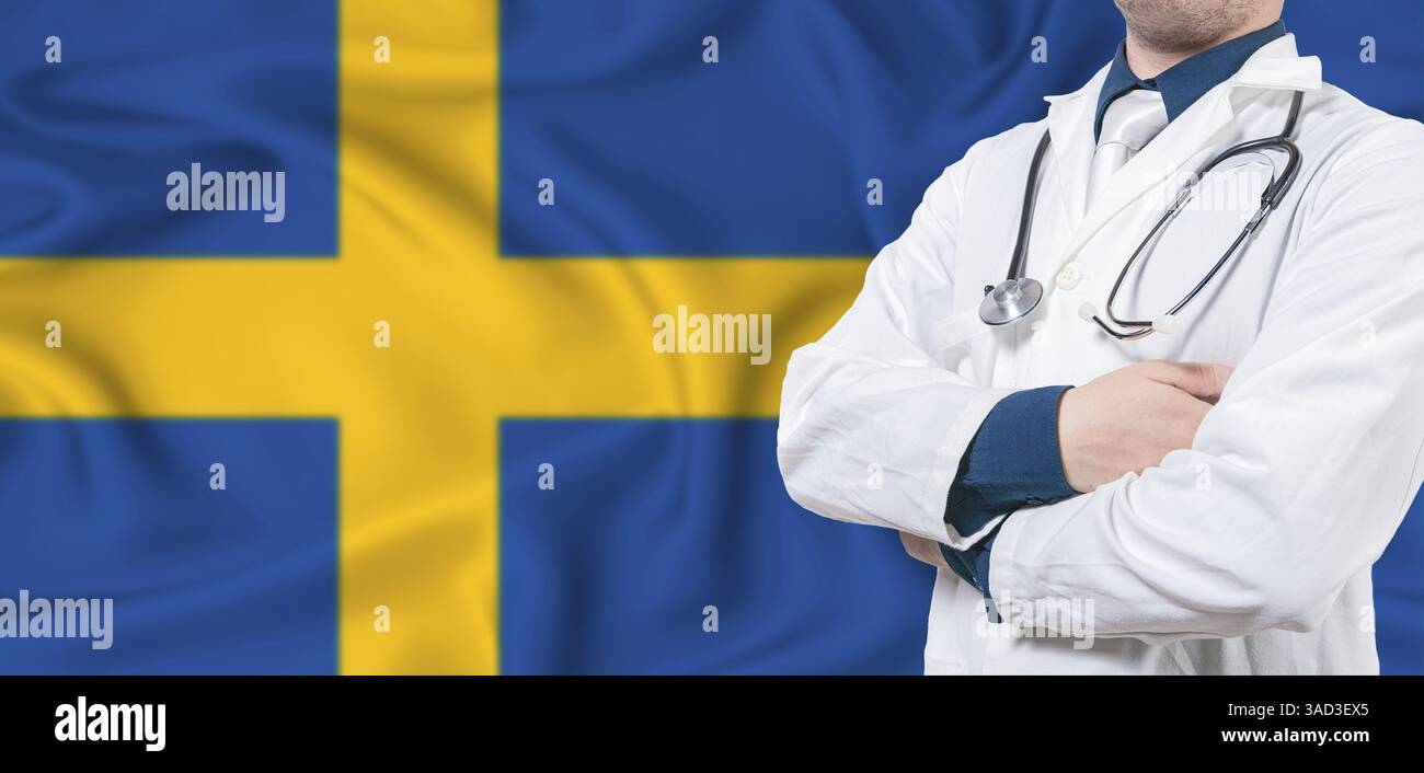 Sweden healthcare concept. Male doctor on Swedish flag. Doctor with ...