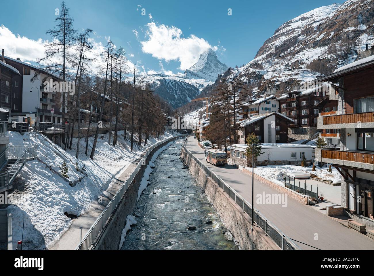 Zermatt Town with Matterhorn and Snowy River in Winter Landscape Stock ...