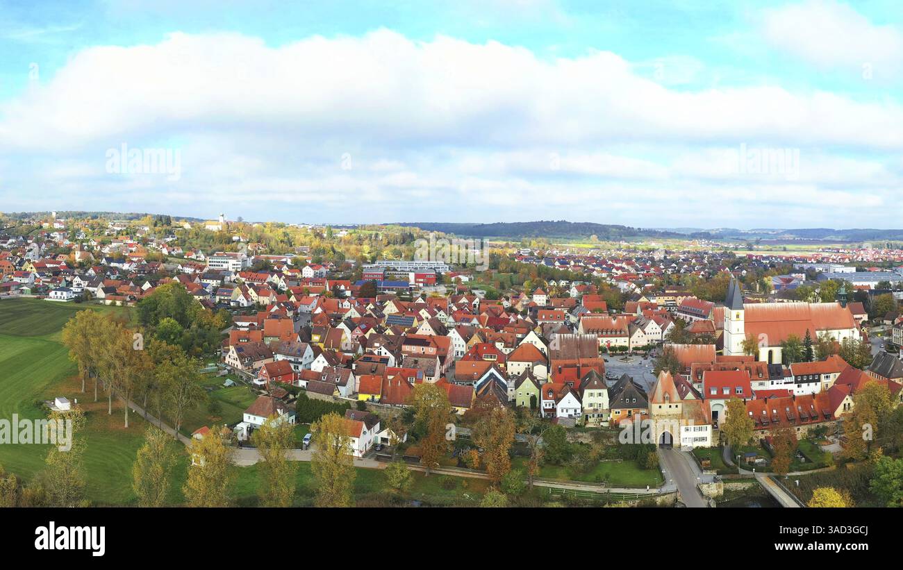 This aerial photo shows the picturesque town of Herrieden. At the ...