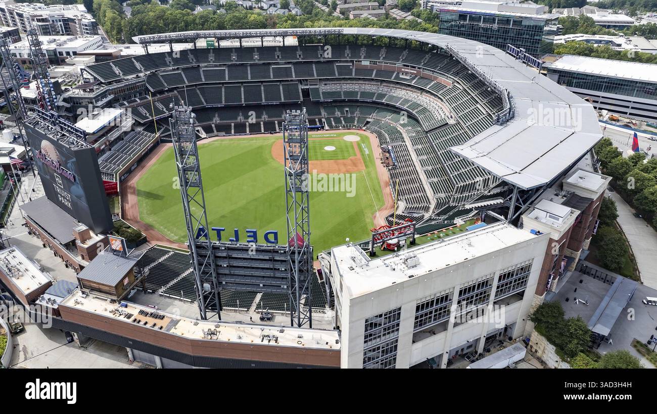An aerial view of Truist Park showcases a modern baseball stadium ...