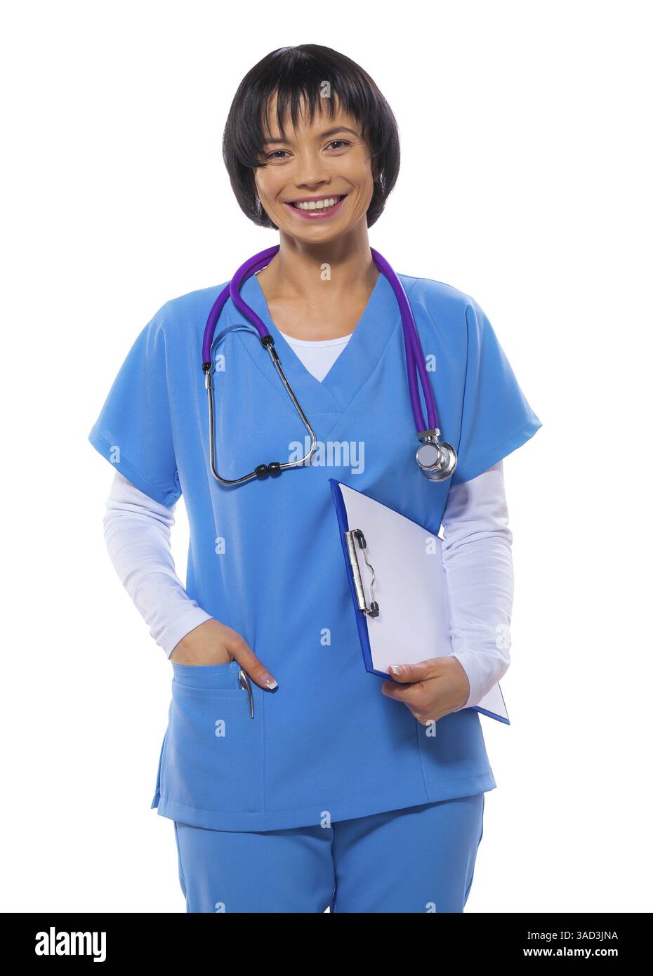 Smiling female doctor wearing blue uniform and holding clipboard Stock ...