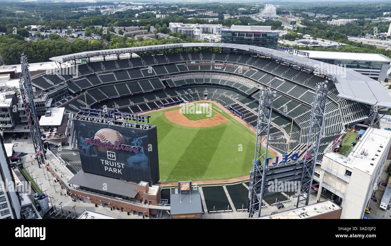 An aerial view of Truist Park showcases a modern baseball stadium ...