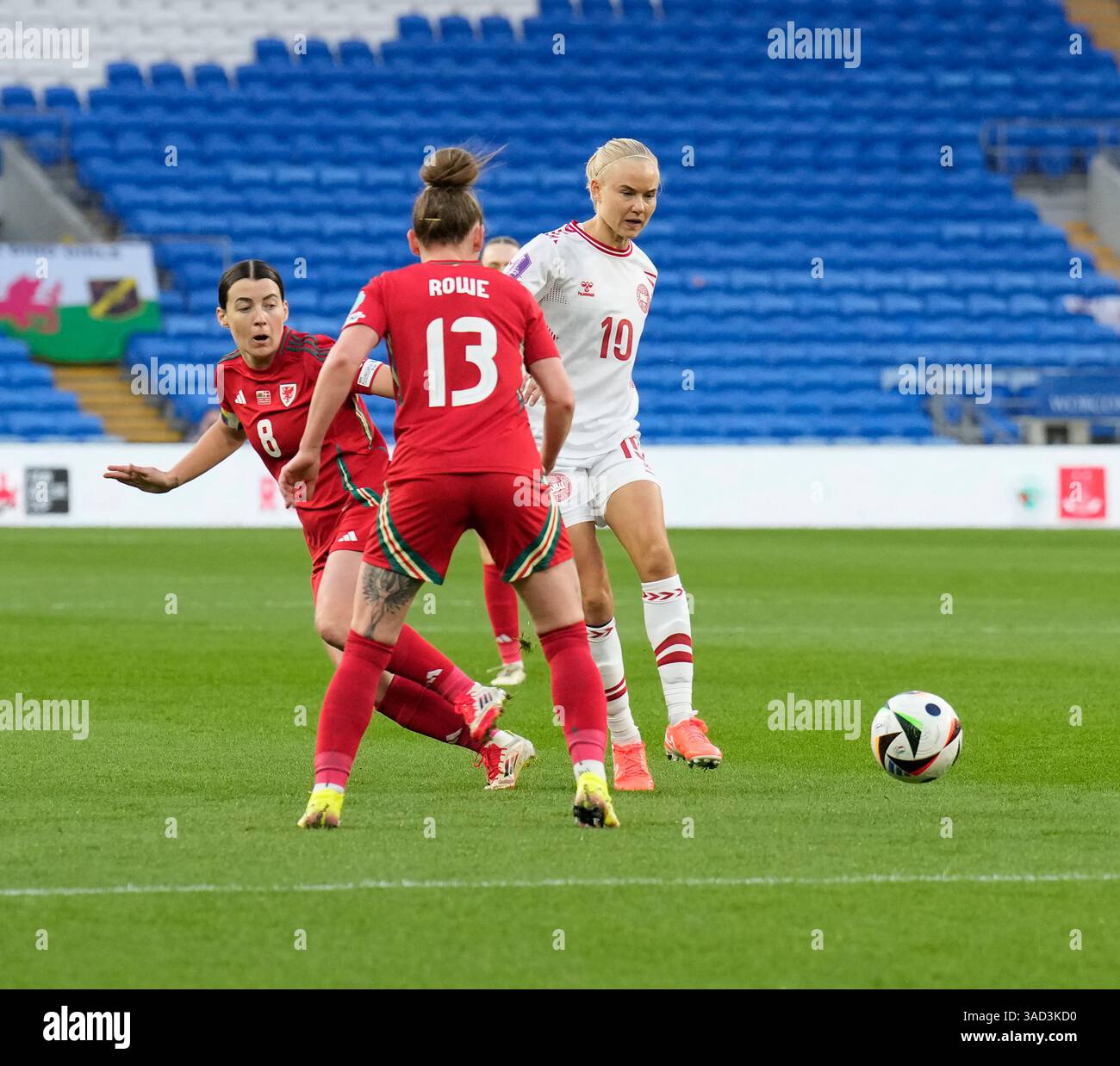 Cardiff,UK, 04 Apr 2025 Rachel Rowe of Wales (L) Pernille Harder of ...