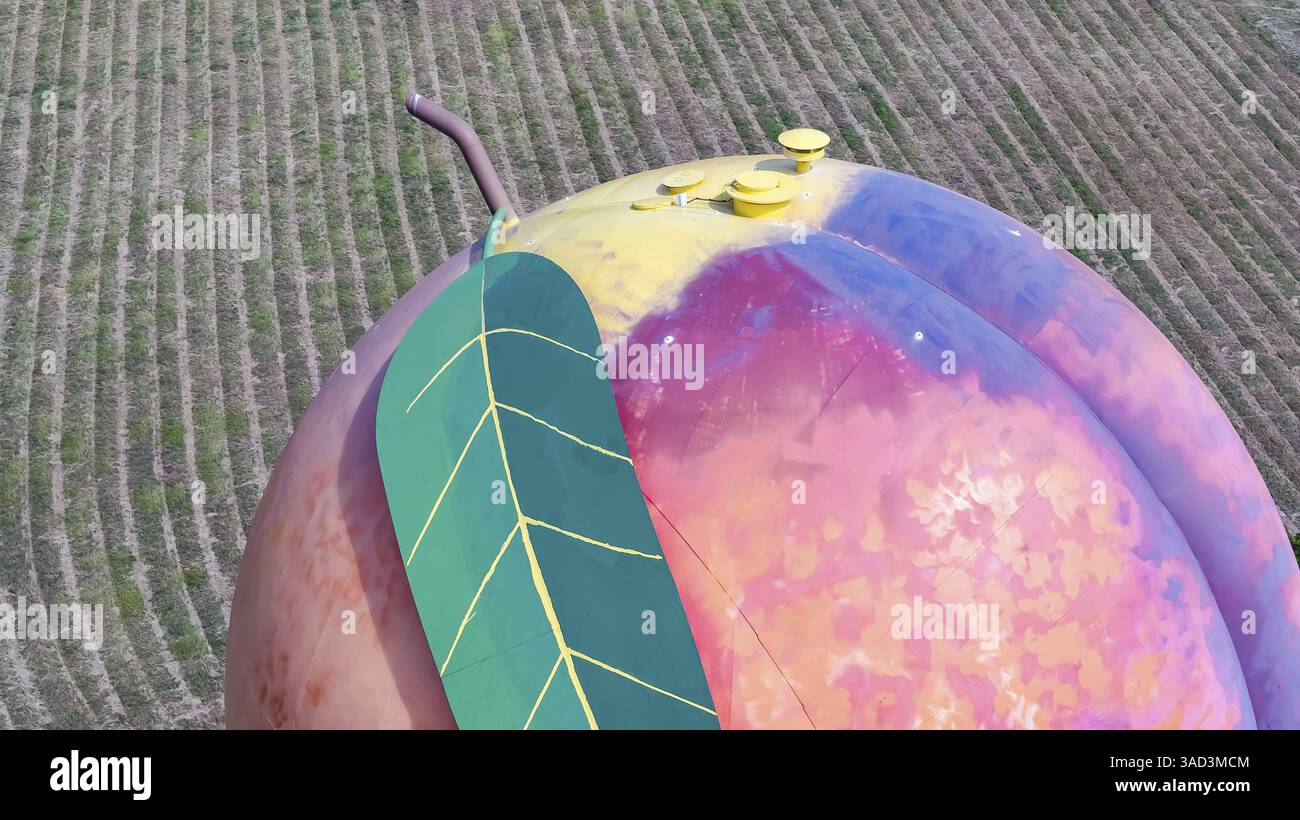 The Peachoid, a 135-foot water tower in Gaffney, SC, resembles a peach ...
