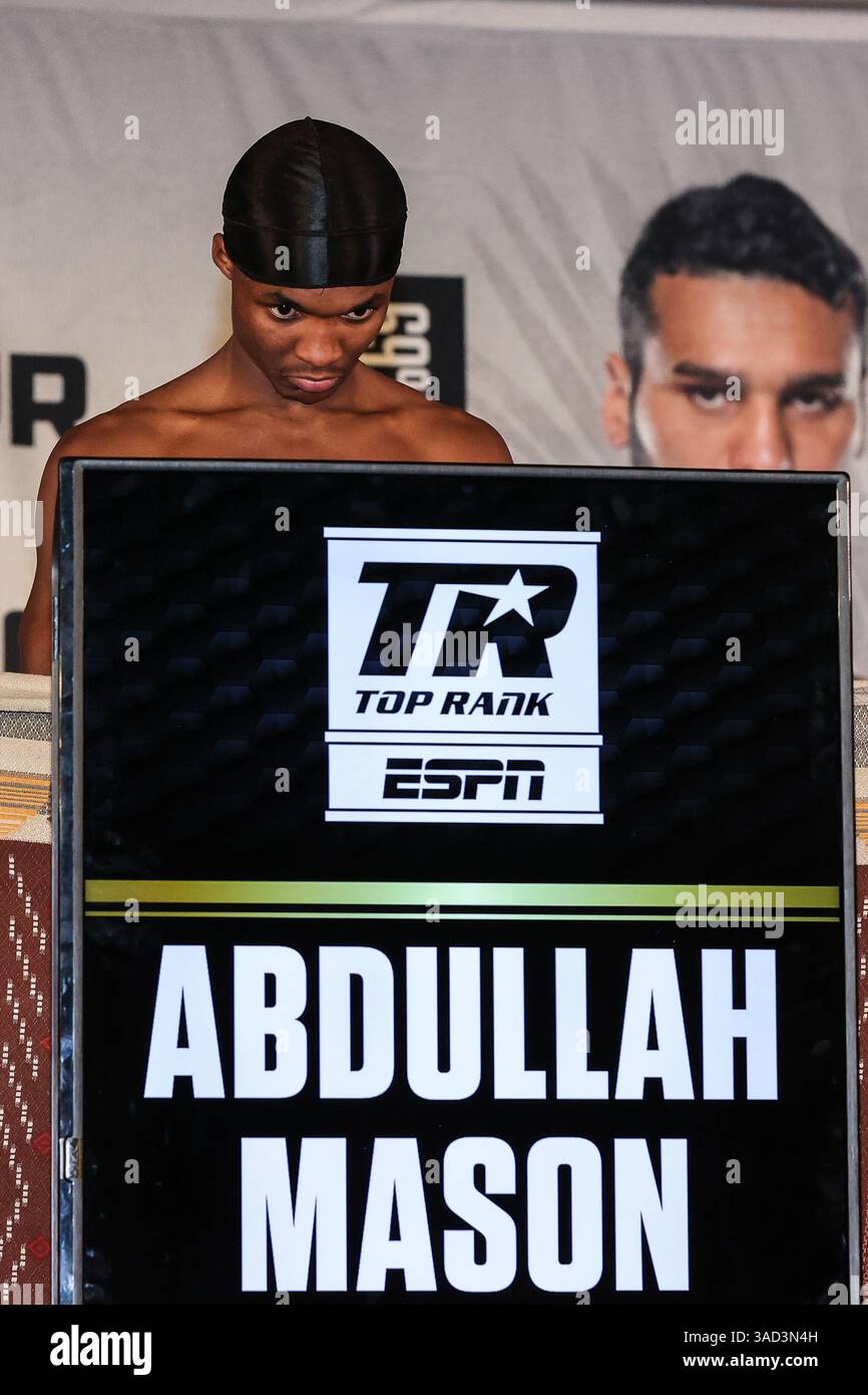 April 4, 2025: Lightweight Abdullah Mason on stage during weigh-ins ...