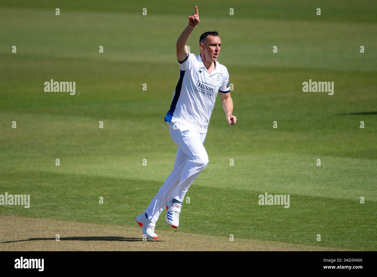 Southampton, UK, 04 April 2025. Kyle Abbott of Hampshire celebrates the ...