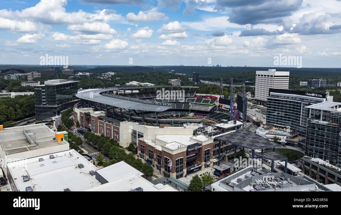 An aerial view of Truist Park showcases a modern baseball stadium ...