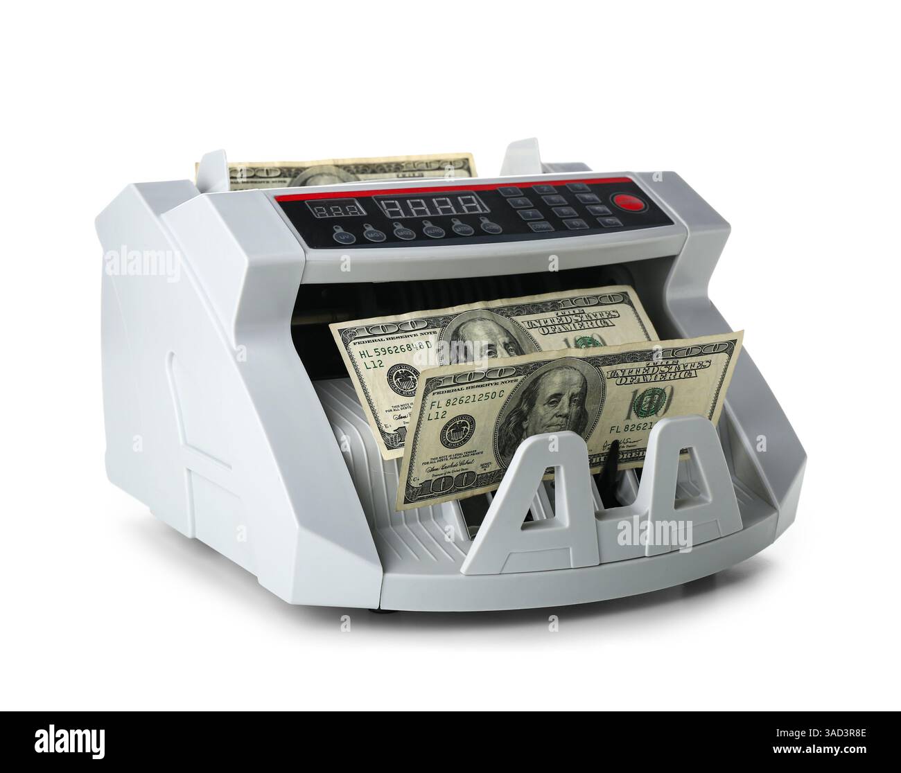 Modern cash counting machine with dollar banknotes on white background ...
