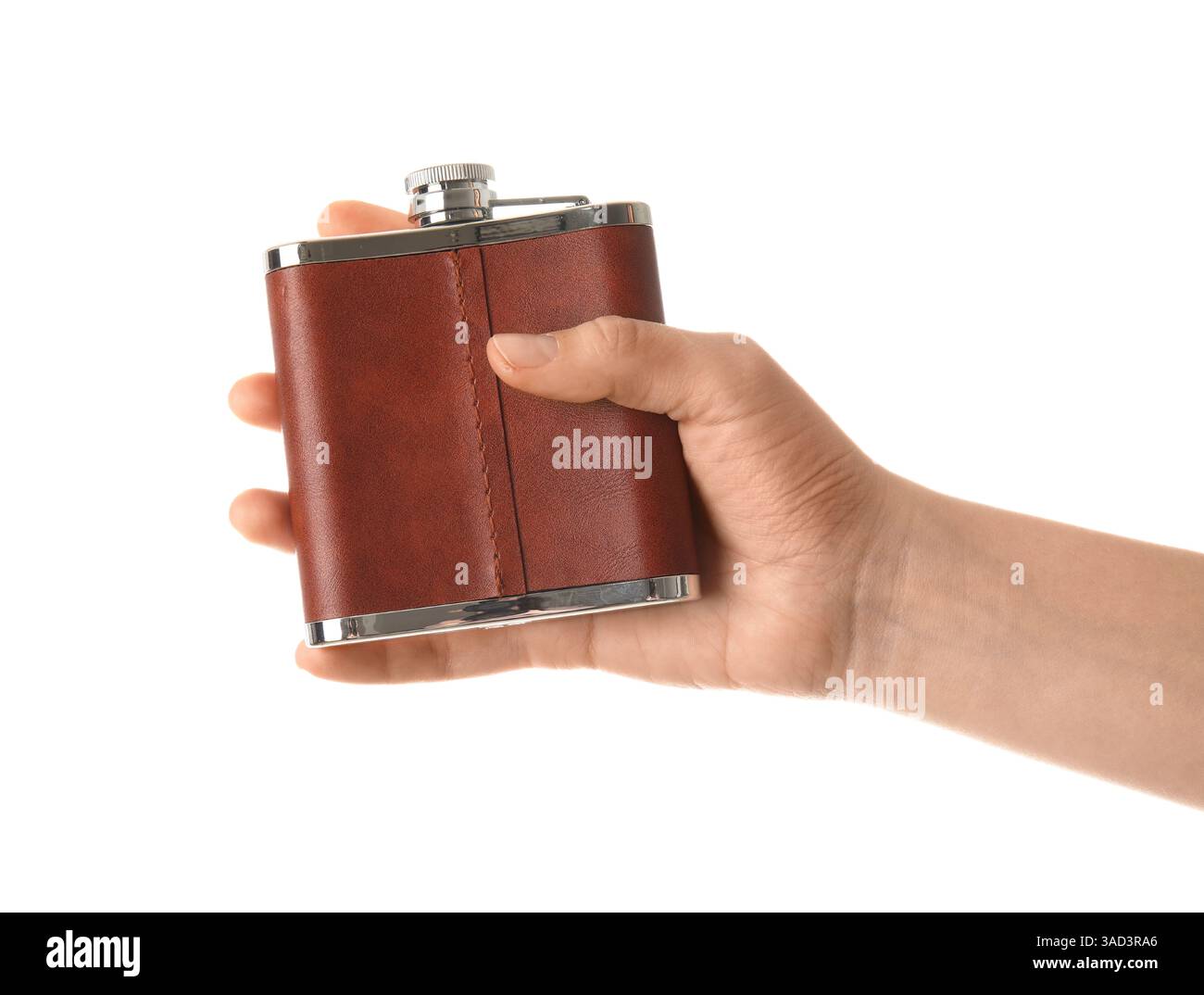Woman holding new hip flask on white background Stock Photo - Alamy