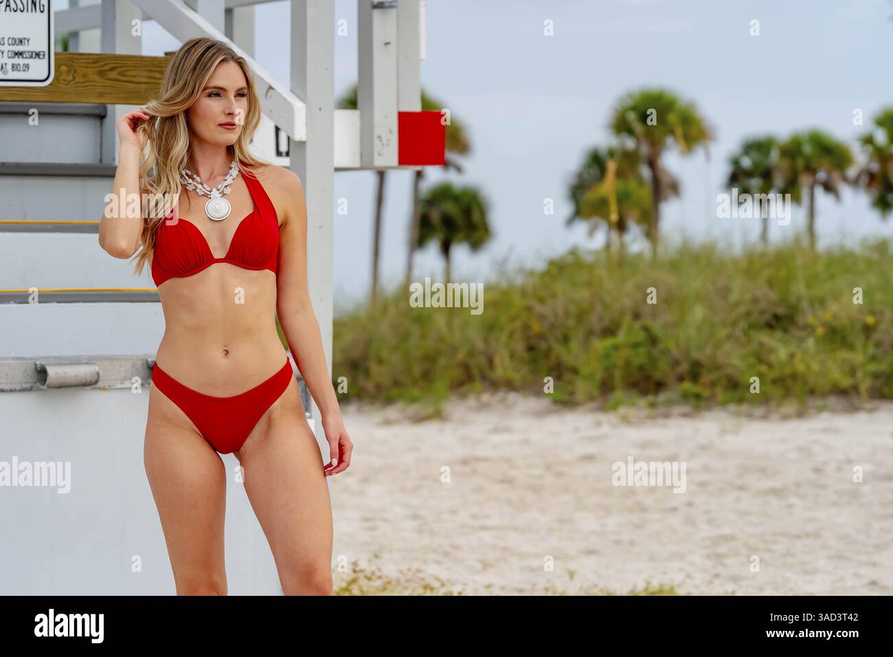 A stunning woman relaxes on the beach in a bikini that highlights her curves. She enjoys the ...