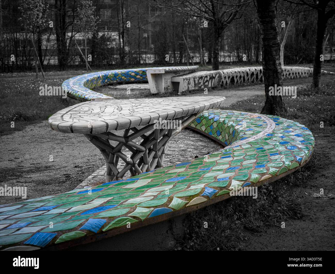 Italy, Bologna, curved park bench, Colorkey Stock Photo - Alamy