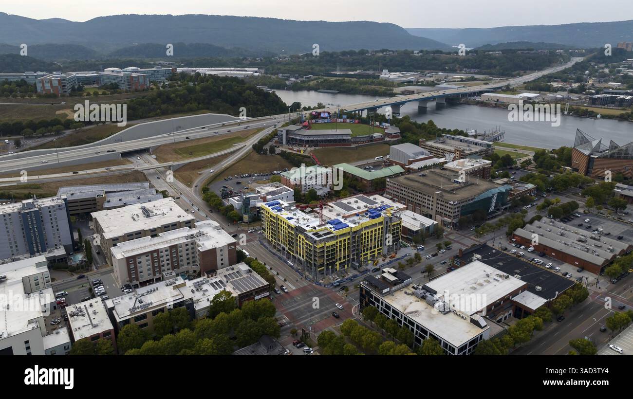 An aerial view of Chattanooga showcases the city's location along the ...