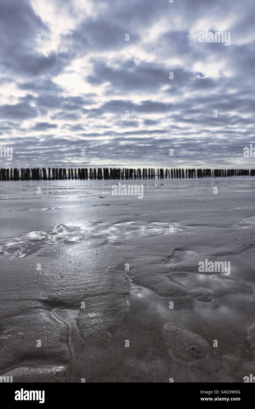 Tidal puddle on wet sandy beach at low tide and cloudy sky with a ...