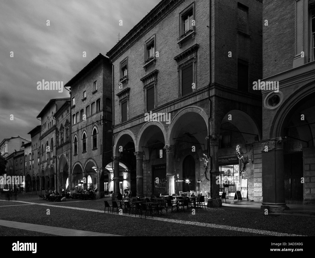 Italy, Bologna, Piazza Santo Stefano, street scene in black and white ...